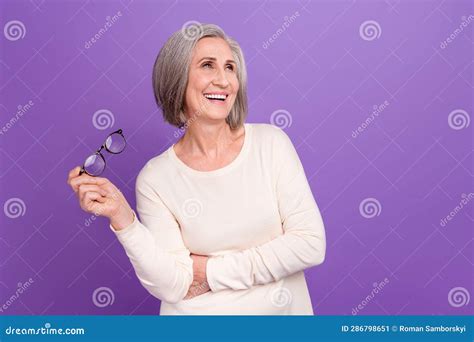 Portrait Of Funky Grandmother Grey Hair Take Off Eyeglasses Looking