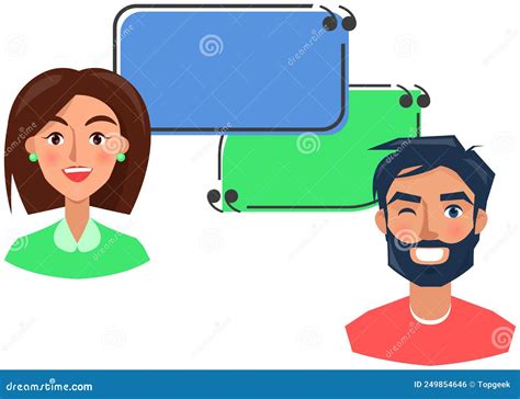 Happy Smiling Man And Woman And Big Blank Speech Bubbles Discussion