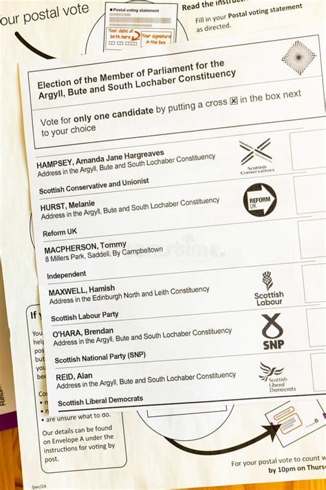 Blank Postal Voting Paper And Return Envelopes For Election Of A Uk Member Of Parliament