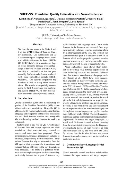 Pdf Shef Nn Translation Quality Estimation With Neural Networks