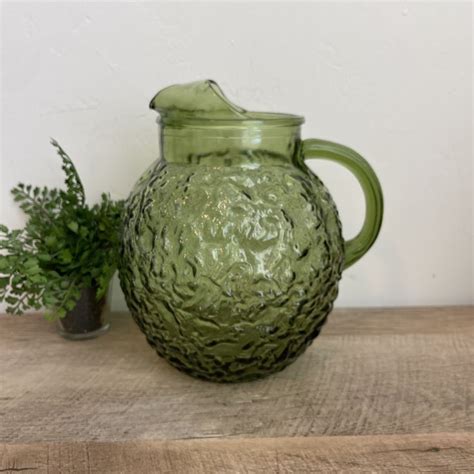 Green Glass Ball Pitcher Anchor Hocking Lido Milano Crinkle Avocado
