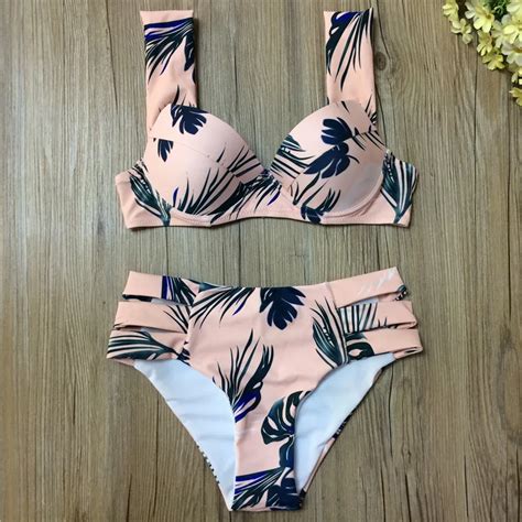 Kekaka Sexy Pink Tropical Palm Tree Leaf Bikinis Women 2018 Summer Cut