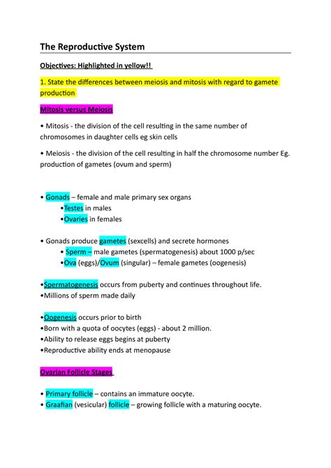 Reproductive System Lecture Notes 12 The Reproductive System Objectives Highlighted In