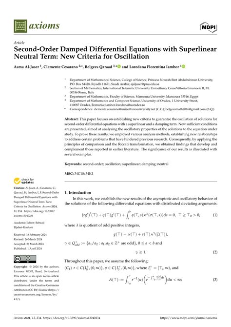 Pdf Second Order Damped Differential Equations With Superlinear Neutral Term New Criteria For
