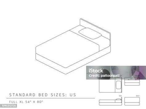 우리 의 표준 침대 크기 전체 Xl 크기 54 X 80 인치 관점 3d 차원 최고 전면 및 후면 그림 개요 흑백 색상 설정