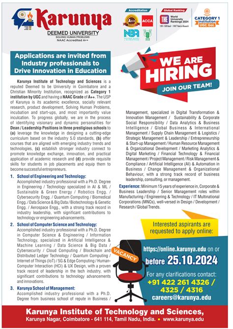 Karunya Institute Of Technology And Sciences Deemed University Coimbatore Faculty Jobs 2024