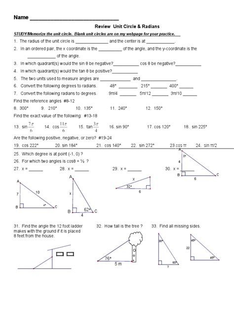 1 Test Review Unit Circle Pdf Angle Geometric Measurement