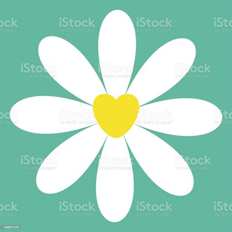 화이트 카모마일 데이지 아이콘입니다 귀여운 꽃 식물 컬렉션입니다 노란 심장 센터입니다 발렌타인 사랑 카드입니다 카밀레 성장 개념입니다 평면 디자인입니다 녹색 배경입니다 격리