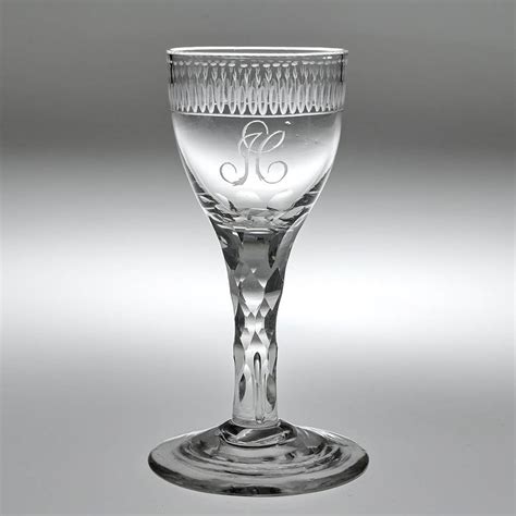 Engraved Georgian Facet Cut Stem Wine Glass C1770