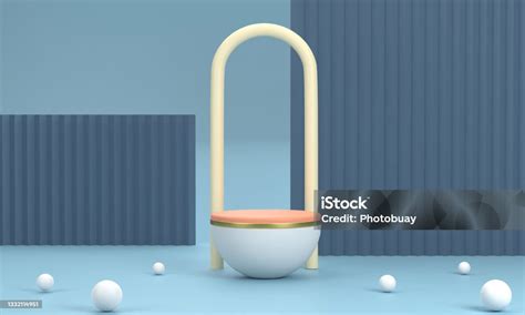 파란색 배경과 땅에 공을 아치 아래에 제품을 표시하기위한 반원형 연단 제품 판매 배너 프리젠 테이션 화장품 제공을위한 장면 무대 모형 쇼케이스 0명에 대한 스톡 사진 및