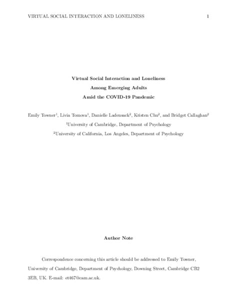 Pdf Virtual Social Interaction And Loneliness Among Emerging Adults