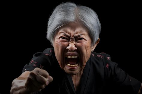 Premium Ai Image Angry Senior Asian Woman Yelling And Swinging Fist On Black Background Neural