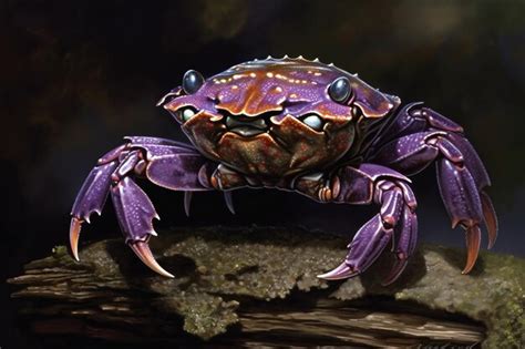 Premium Ai Image A Purple Crab On A Branch Against A Dark Background