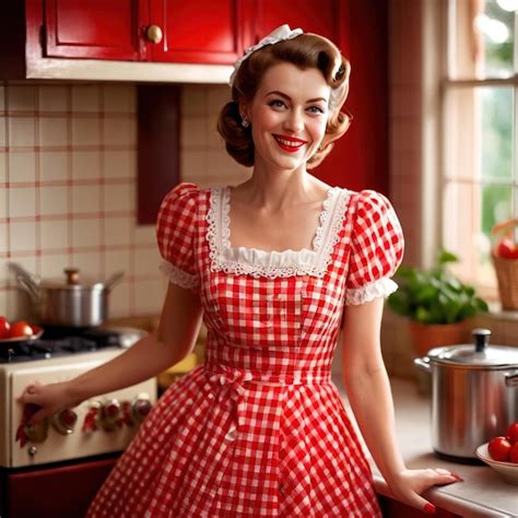 Smiling Happy Retro Vintage 1950s Housewife In Red Kitchen Premium Ai