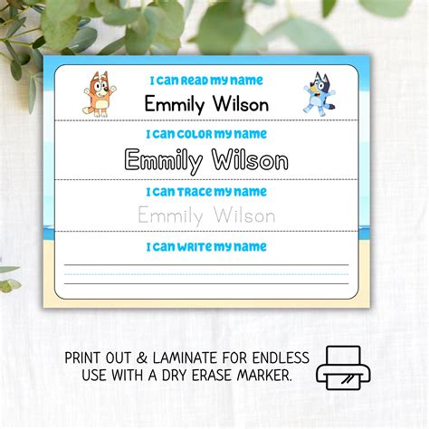 Bluey Custom Name Tracing Sheet Handwriting Practice Personalized Name