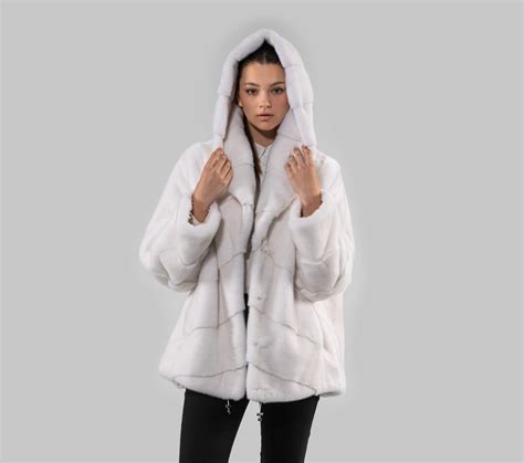 Hooded White Mink Fur Jacket Real Fur Coats
