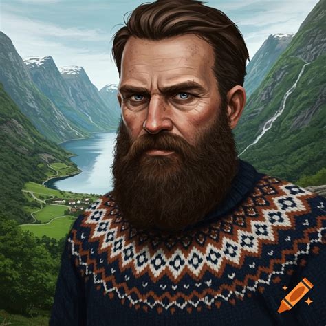 A Bearded Man In A Patterned Sweater In Front Of A Norwegian Fjord