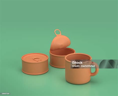 단일 색상 참치 캔과 녹색 배경의 머그잔 3d 렌더링 노란색 캠핑 사냥 물체 캔에 대한 스톡 사진 및 기타 이미지 캔 0명
