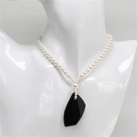 Black Crystal And Pearl Necklace Silver Lotus Blue