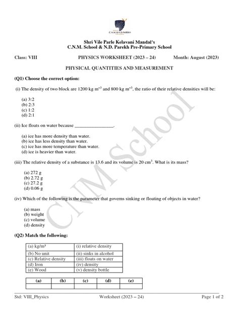 Class Viii Physics Worksheet On Density Pdf Density Buoyancy