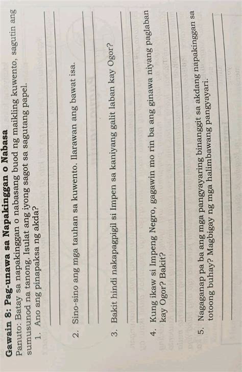 Gawain Pag Unawa Sa Napakinggan O Nabasa StudyX