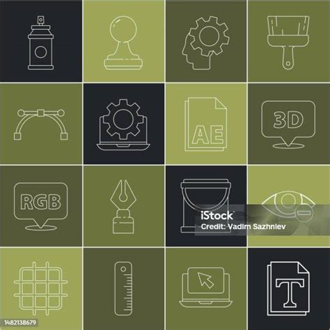 라인 텍스트 파일 문서 적목 현상 효과 텍스트 3d가 있는 말풍선 내부 인간 헤드 기어 노트북 및 베지어 곡선 페인트 스프레이 캔 및 Ae 아이콘을 설정합니다 벡터 Cmyk