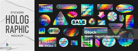 홀로그램 스티커 세트 벡터 무지개 빛깔의 호일 접착 필름 홀로그래피 라벨 모형 및 사실적인 홀로 텍스처 다양한 모양의 금속 배지를 빛나게하십시오 그라데이션 판매 및 할인