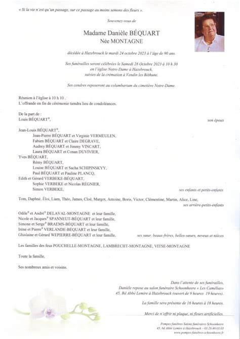 Avis De Décès Madame Danièle BÉquart Pompes Funèbres Schoonheere