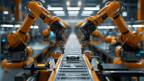 Close Up Of Robotic Arms Working On A Production Line In A Contemporary Factory Stock Image