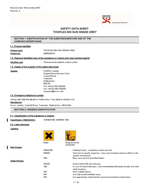 Thioflex 600 Gun Grade Grey Pdf Dangerous Goods Toxicity
