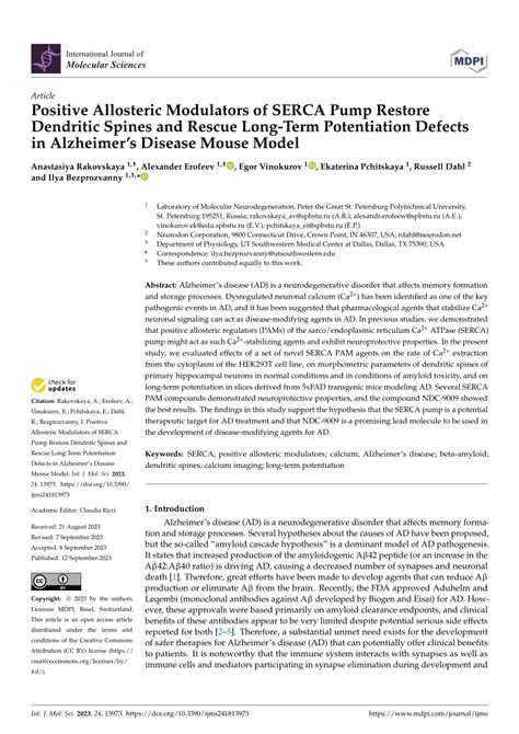 Pdf Positive Allosteric Modulators Of Serca Pump Restore Dendritic