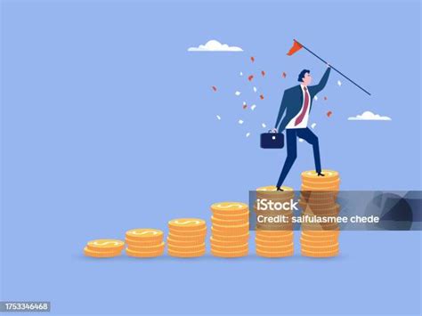 재정적 성공 재정적 자유 돈 성취 또는 수익 또는 저축 또는 투자 목표 개념 돈 동전 스택 위에 승리 깃발을 들고 있는 성공