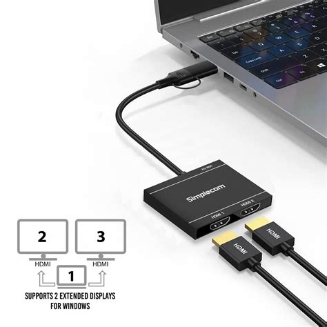 Simplecom Da327 Usb 3 0 Or Usb C To Dual Hdmi Display Adapter For 2x 1080p Extended Screens