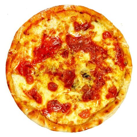 Round Pizza With Tomatoes Mushrooms And Cheese On White Background