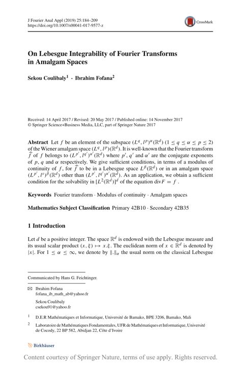 On Lebesgue Integrability Of Fourier Transforms In Amalgam Spaces Request Pdf