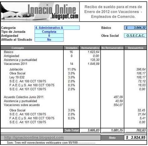 Empleados De Comercio Liquidación De Vacaciones Enero De 2012 Ejemplo