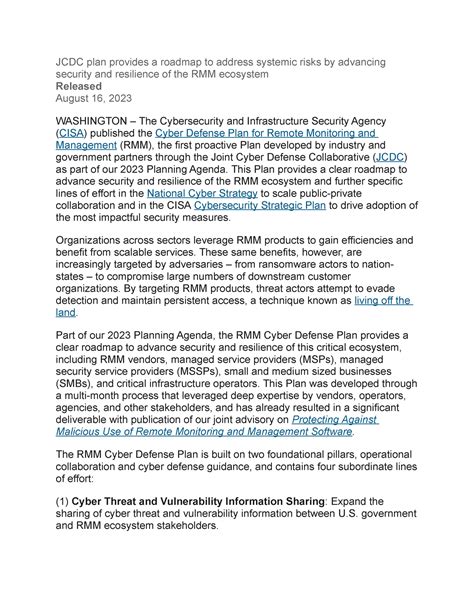 Cisa Publishes Jcdc Remote Monitoring And Management Systems Cyber Defense Plan Jcdc Plan