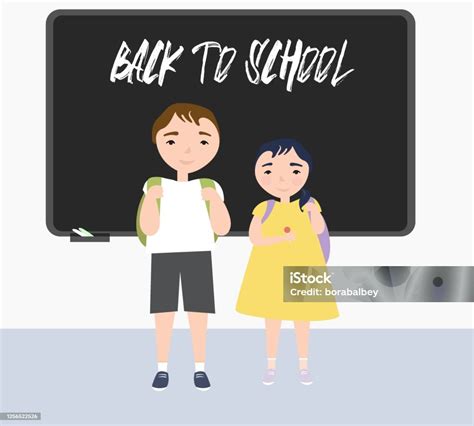 Joyeux Retour À Lécole Deux Gosses Devant Le Tableau Noir Vecteurs