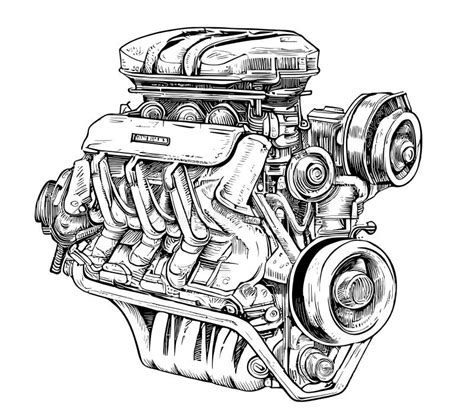 Car Engine Sketch Hand Drawn Engraved Style Engineering Stock Vector