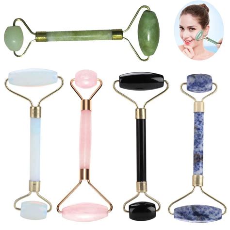 Double Head Massage Roller Natural Rose Crystal Quartz Jade Stone Anti