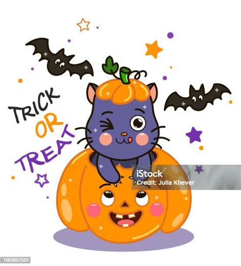 귀여운 고양이 할로윈 호박입니다 박쥐와 호박에 검은 고양이의 벡터 그림입니다 호박 캐릭터 만화에 사랑스러운 마녀 고양이 0명에
