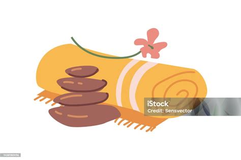 웰빙을위한 뷰티 센터 절차 격리 된 스파 살롱 제품 세트 롤에 수건 뜨거운 마사지와 피는 꽃을위한 돌 평면 만화 스타일의 벡터 가꿔주기에 대한 스톡 벡터 아트 및 기타