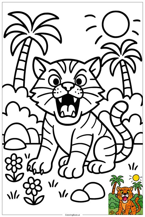 밀림에서 으르렁거리는 야생 고양이 색칠하기 페이지 무료 Pdfandpng 인쇄 가능