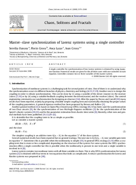 pdf master slave synchronization of lorenz systems using a single
