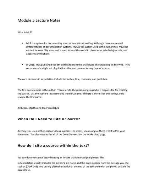 Module 5 Lecture Lesson 1 Module 5 Lecture Notes What Is Mla Mla Is A System For Documenting