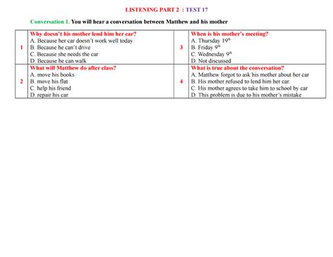 ĐỀ ĐÁP ÁN Listening PART 2 TEST 17 LISTENING PART 2 TEST 17