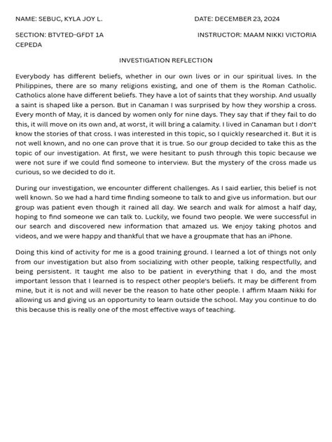 Investigation Reflection Pdf