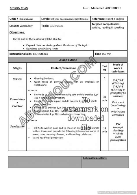Ticket 1 Bac Lp Comp2 U7 Vocabulary Lesson Plan