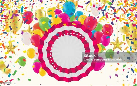 생일 축하해요 화려한 풍선의 무리와 디자인 템플릿 포스터 초대에 대한 떨어지는 색종이 개체 그룹에 대한 스톡 벡터 아트 및 기타