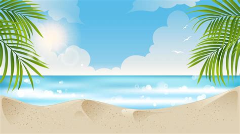 Beautiful Summer On Tropical Beach With Palm Leaves And Clouds